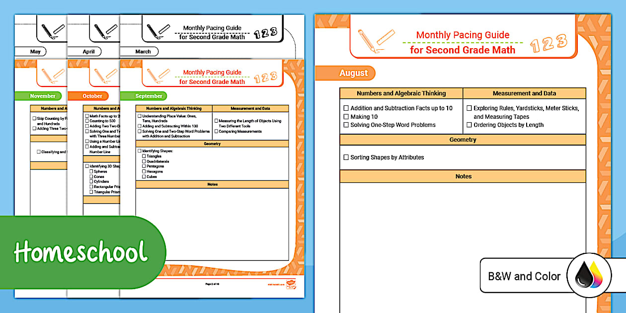 Monthly Pacing Guide for Homeschool Second Grade Math