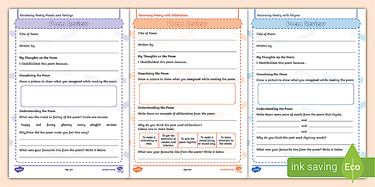 Poem Analysis and Review Worksheets | F-2 Poetry - Twinkl