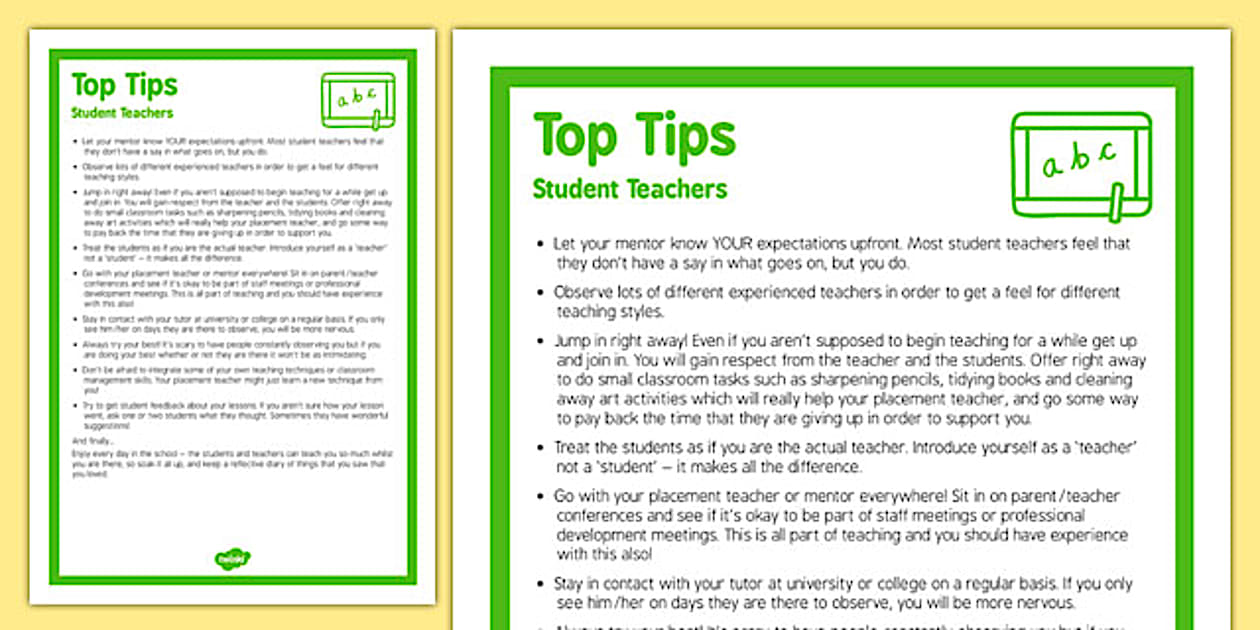 Black and White Top 10 Tips for Student Teachers Display Poster