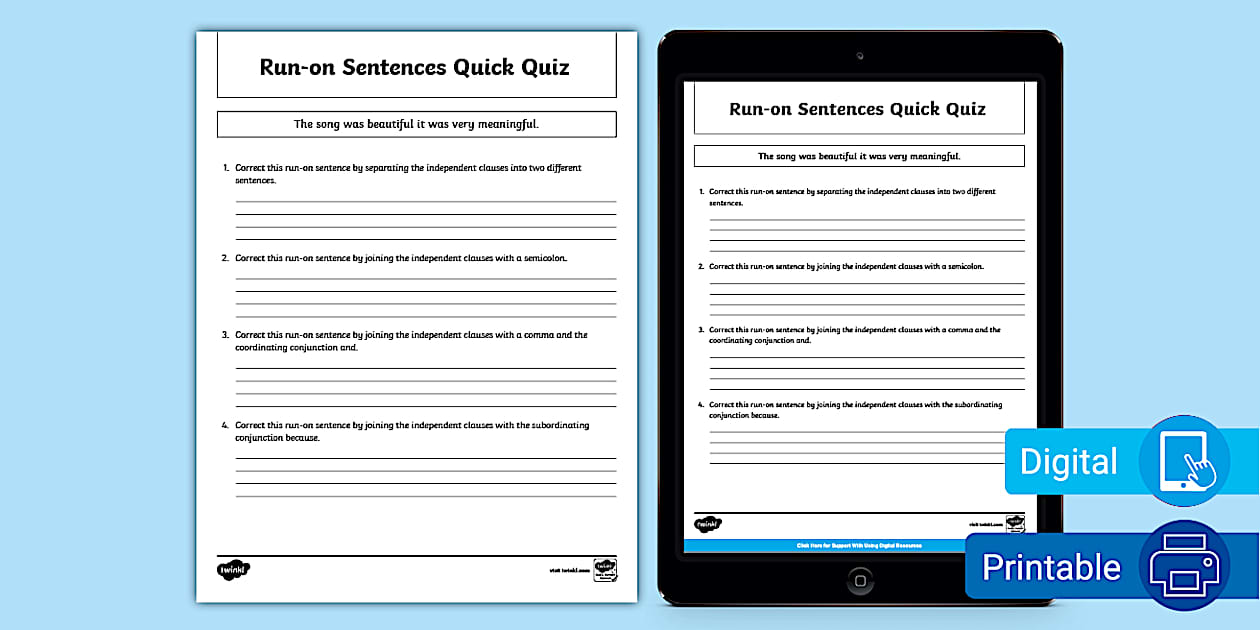 Fourth Grade Run-on Sentences Quick Quiz - Twinkl
