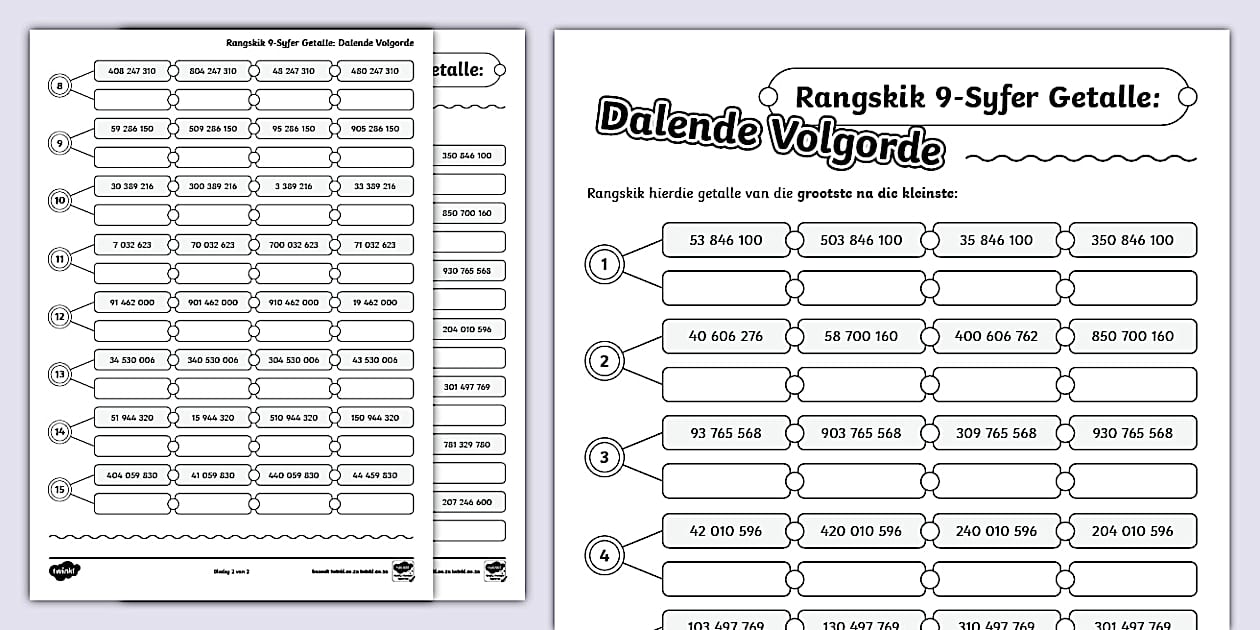 Graad 7 Aktiwiteitsblad: Rangskik 9-Syfer Getalle: Dalende Volgorde