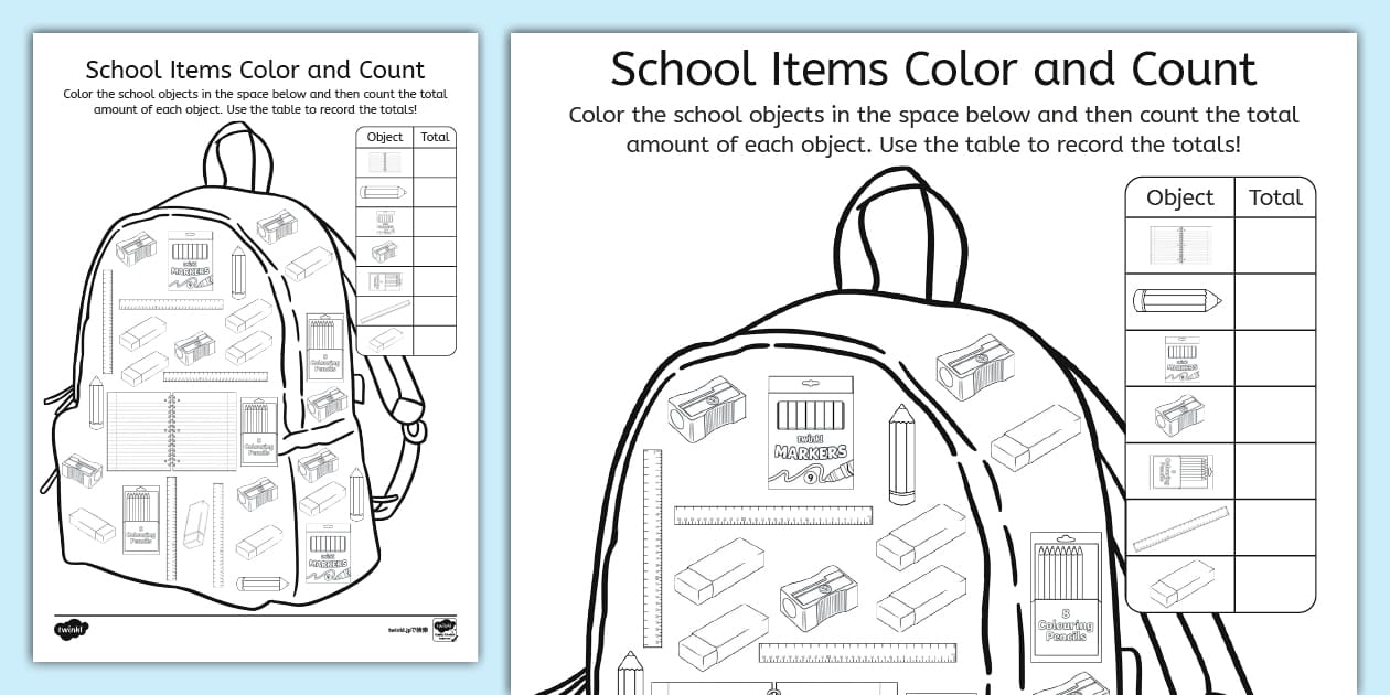 School Items Color and Count Worksheet - Twinkl