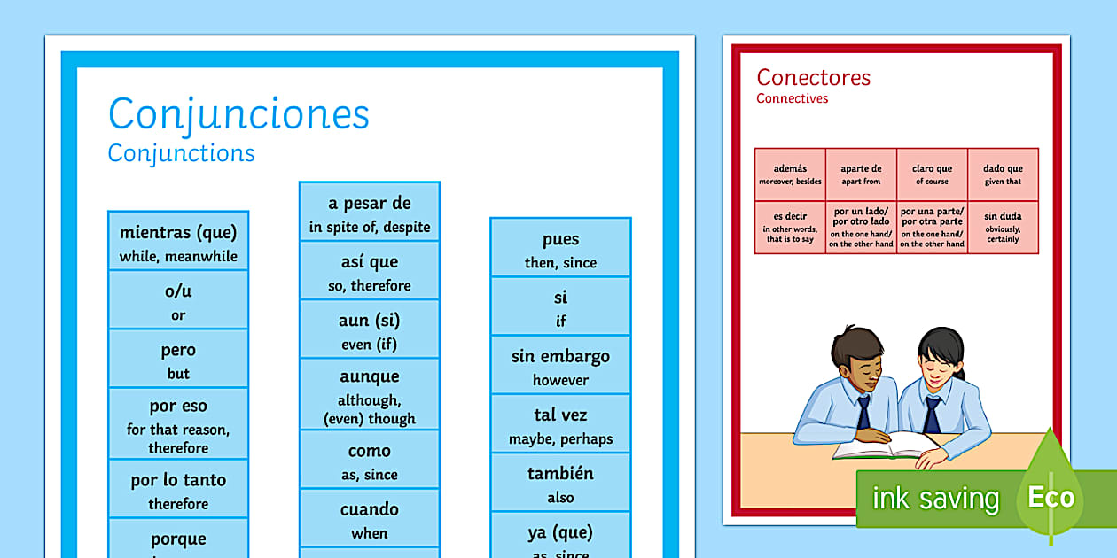 Spanish Conjunctions and Connectives Display Poster Spanish Translation
