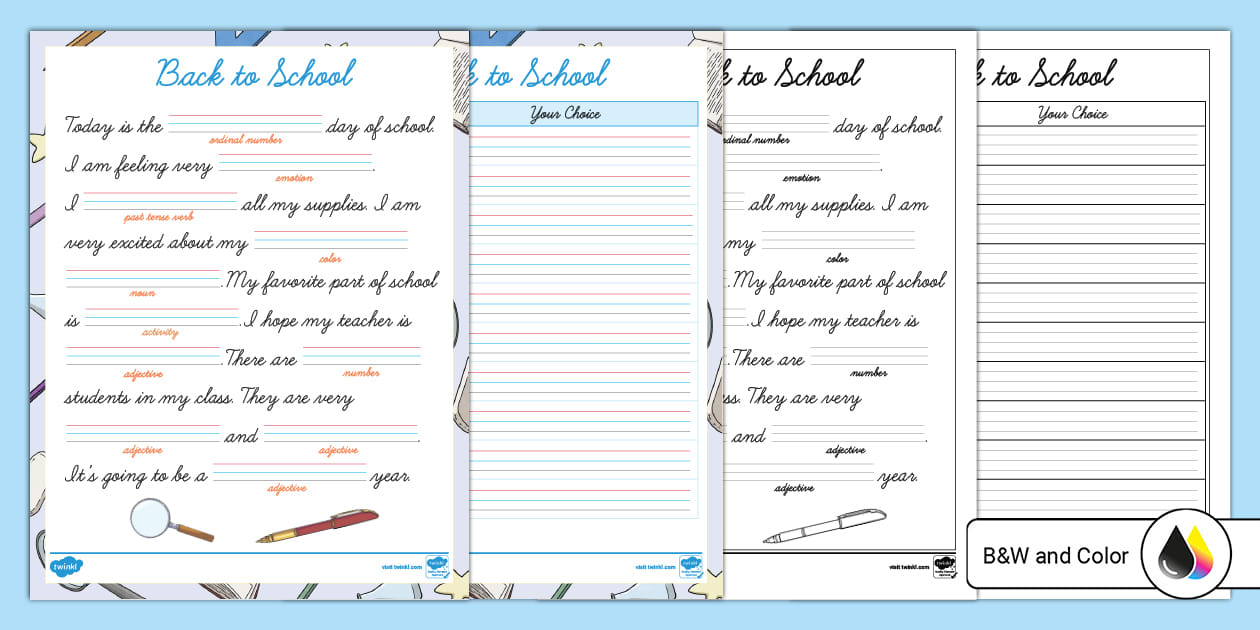 Back to School Laugh Libs Cursive Writing Worksheet - Twinkl