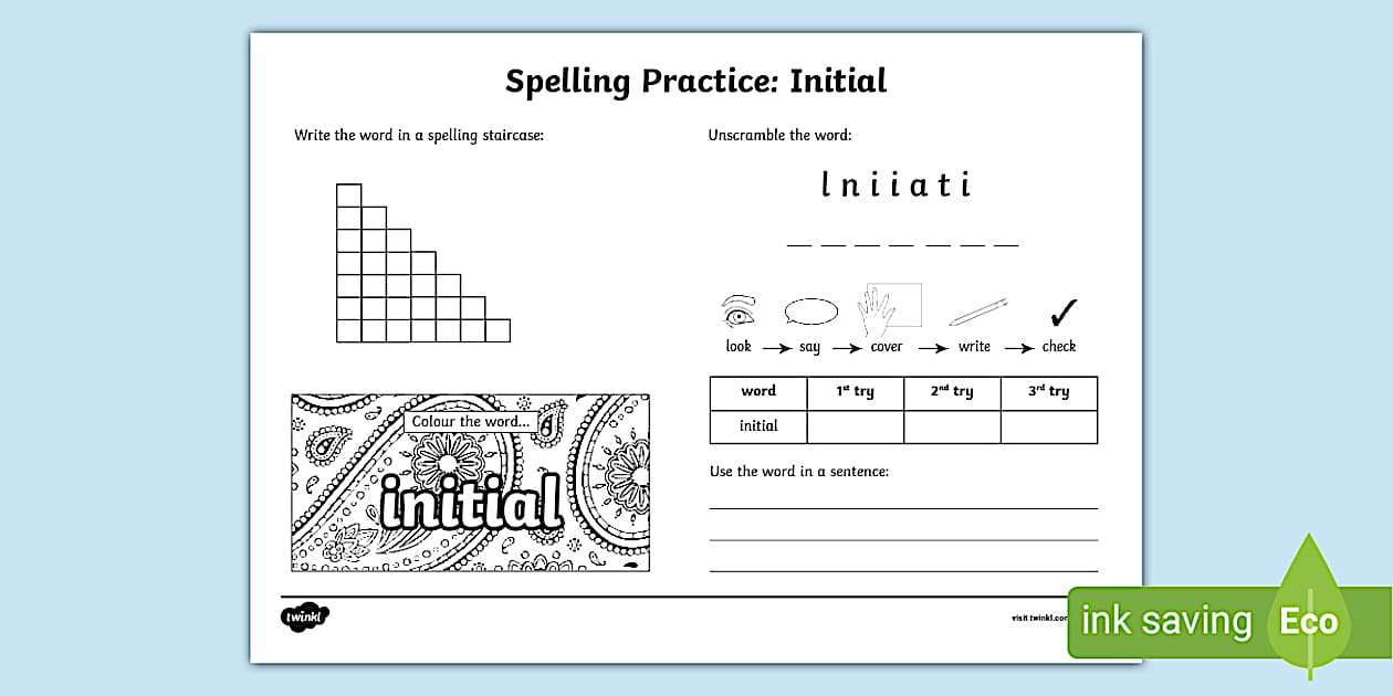 Initial Spelling Practice Worksheet (Teacher-Made) - Twinkl