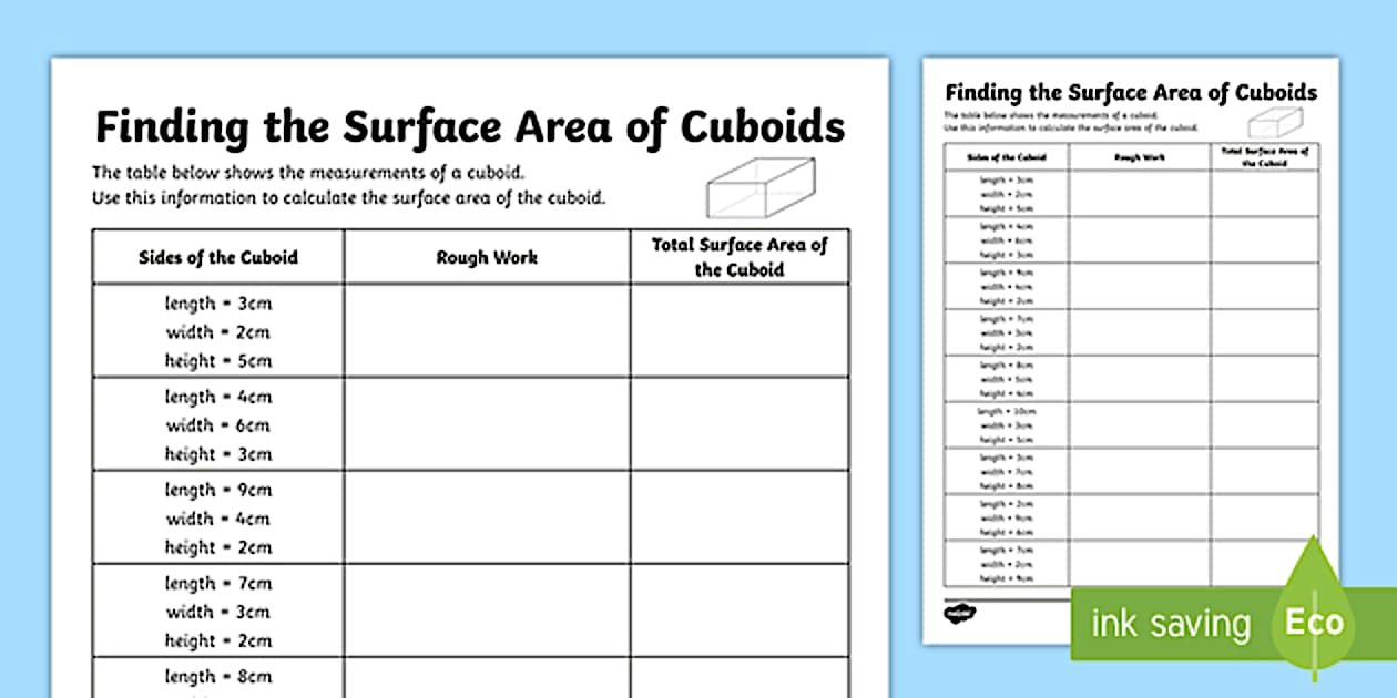 Printable Finding the Surface Area of a Cuboid Worksheet
