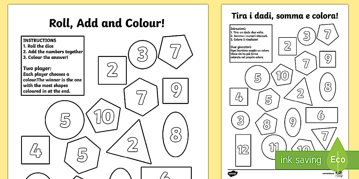 IT 2D Shapes Roll and Color Dice Addition Activity English/Italian - 2D ...