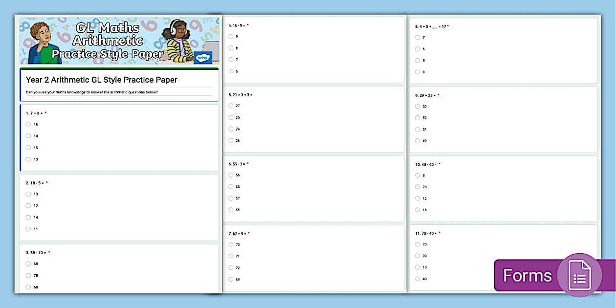 Year 2 Arithmetic GL Style Practice Paper - Twinkl