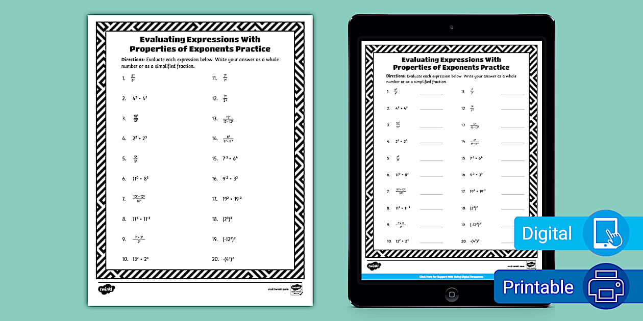 Eighth Grade Evaluating Expressions With Properties of Exponents Practice