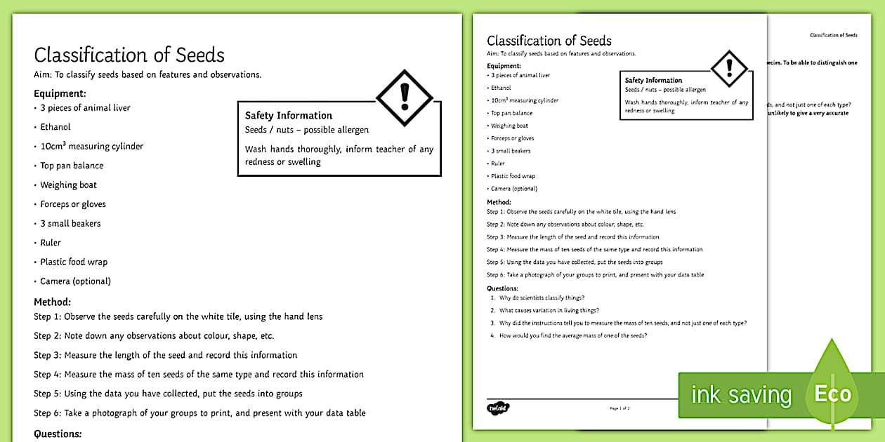 Classification of Seeds Investigation Instruction Sheet Print-Out