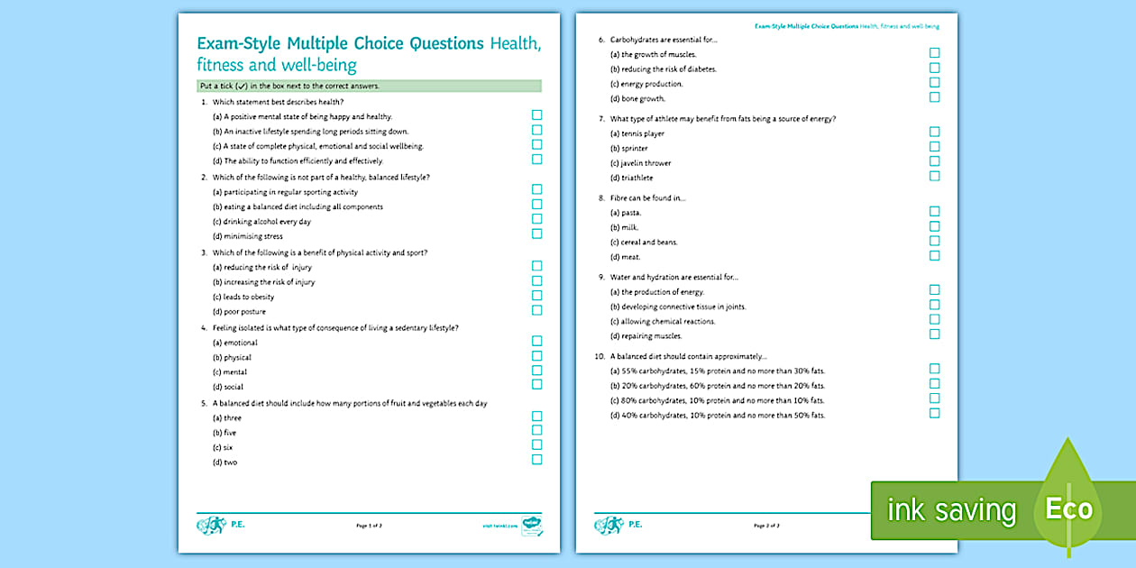 GCSE PE Exam-Style Multiple Choice Questions: Health, Fitness and Wellbeing