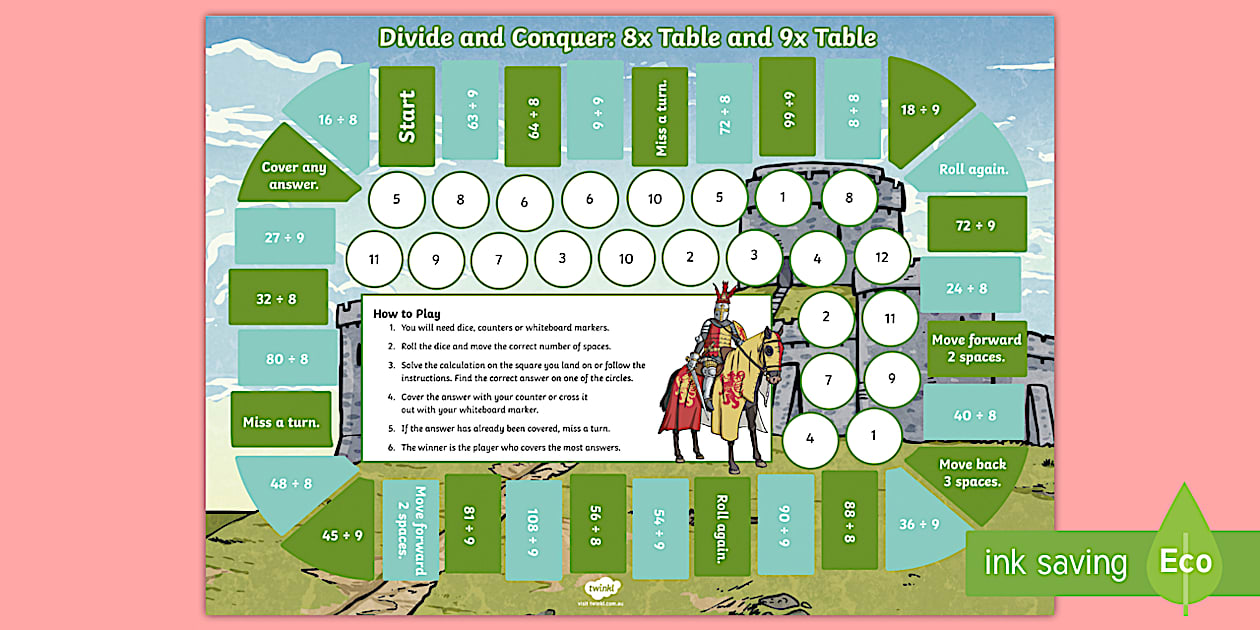 Divide and Conquer: 8's and 9s Board Game - Twinkl