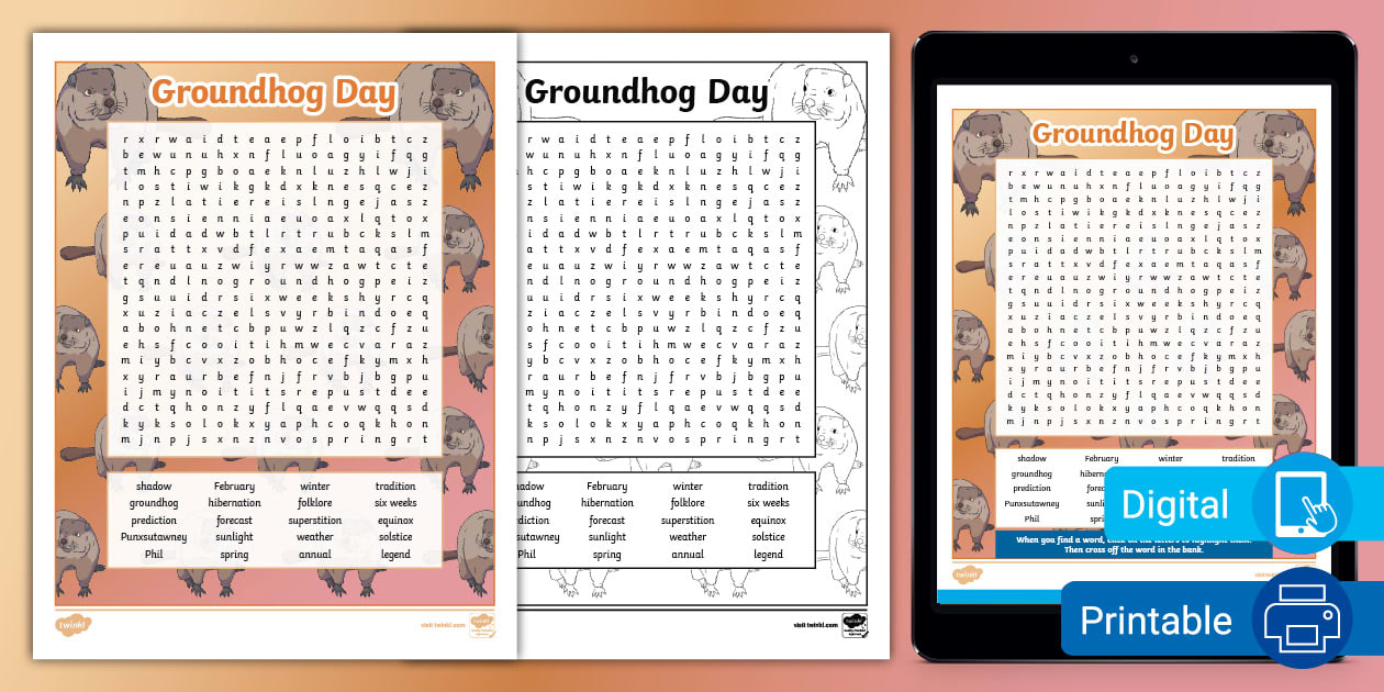 Groundhog Day Word Search for 6th-8th Grade - Twinkl