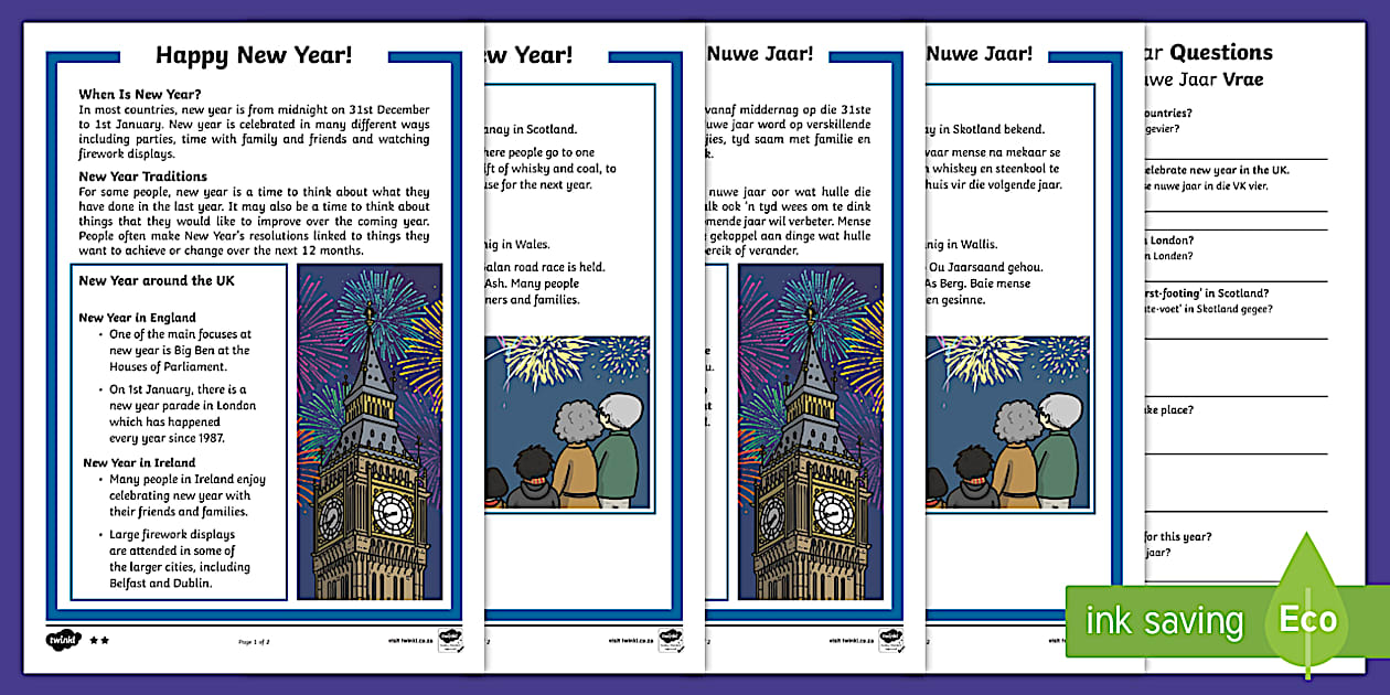 New Year Differentiated Reading Comprehension Activity English/Afrikaans