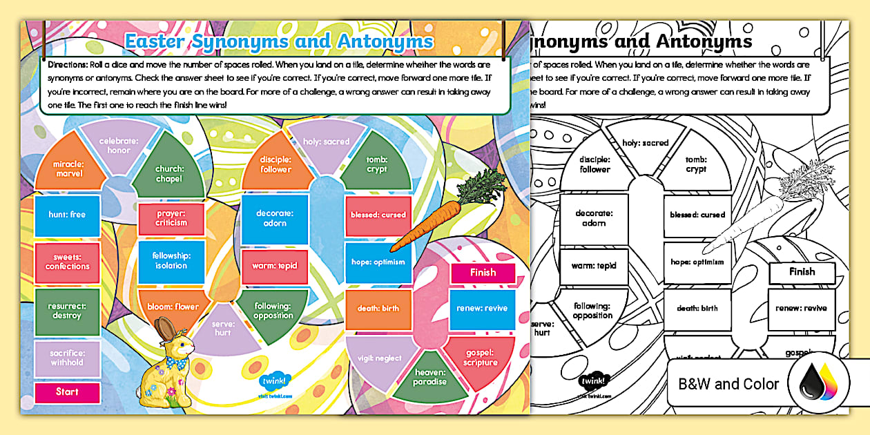 Fifth Grade Easter Synonyms and Antonyms Board Game - Twinkl