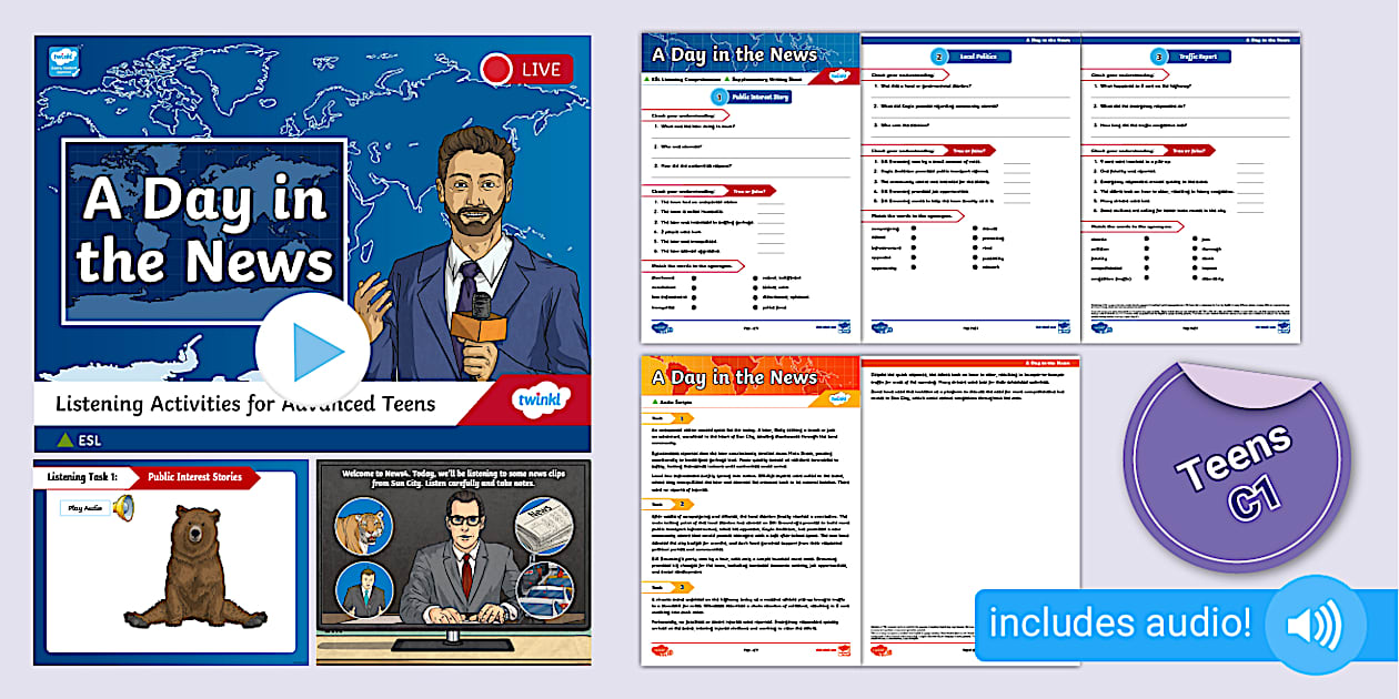 ESL Listening Activities: Today in the News [Teens, C1]