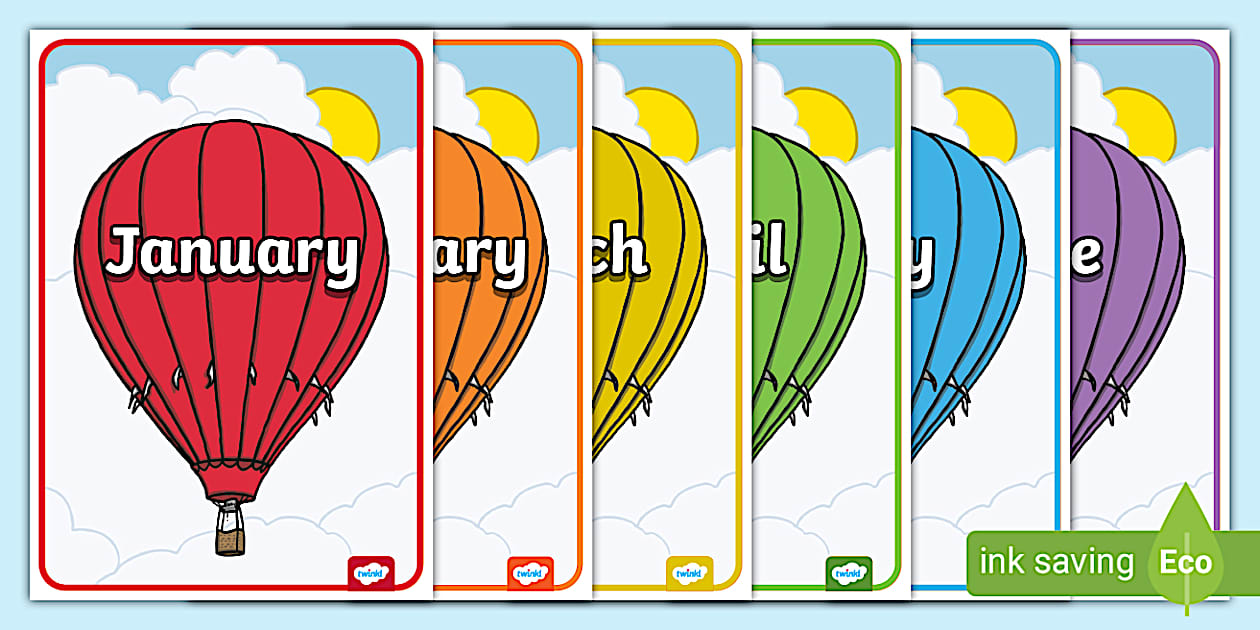 Black and White Months of the Year on Hot Air Balloons (plain)