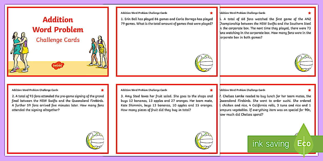 Editable Year 3-4 Addition Word Problems Maths Challenge Cards