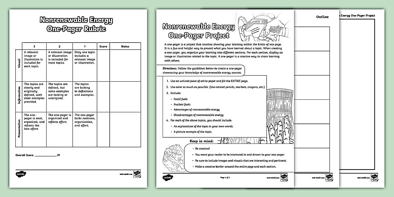 Nonrenewable Energy One-Pager Project for 6th-8th Grade