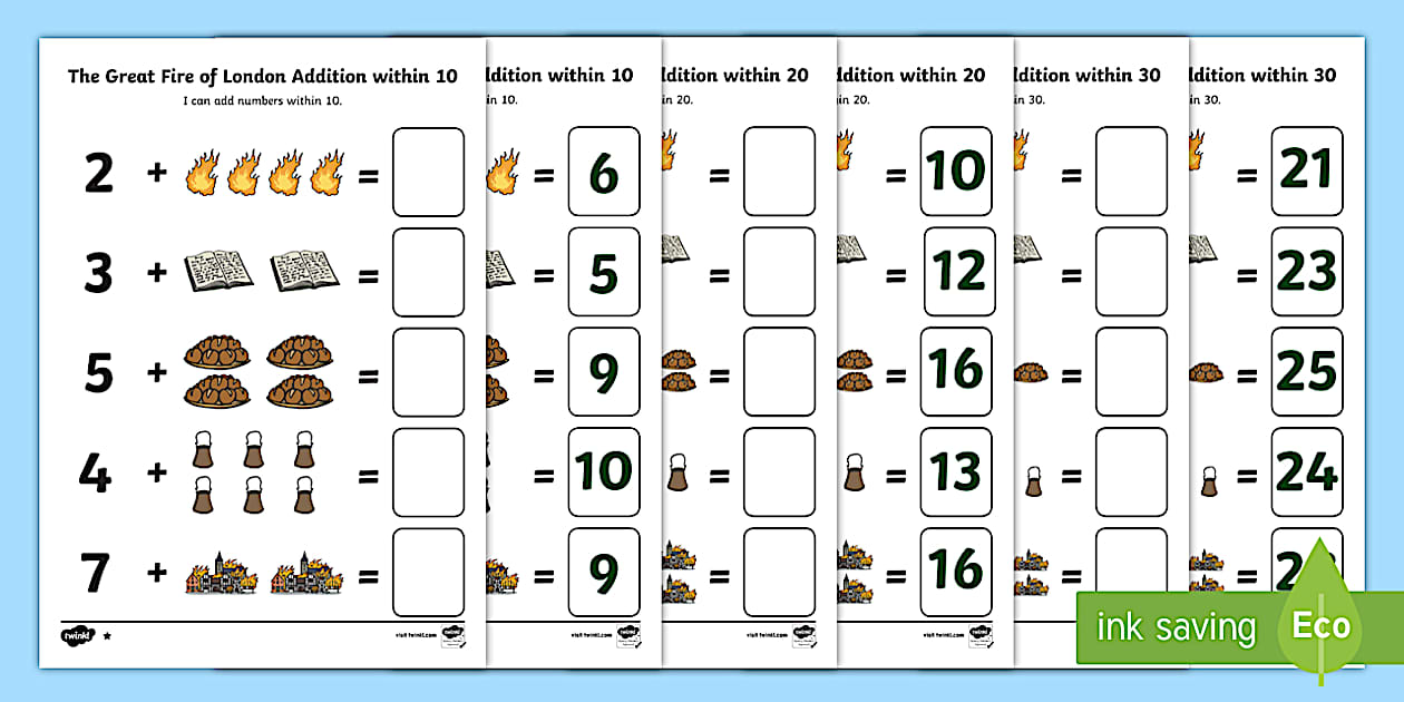 KS1 The Great Fire of London Addition Differentiated Worksheets