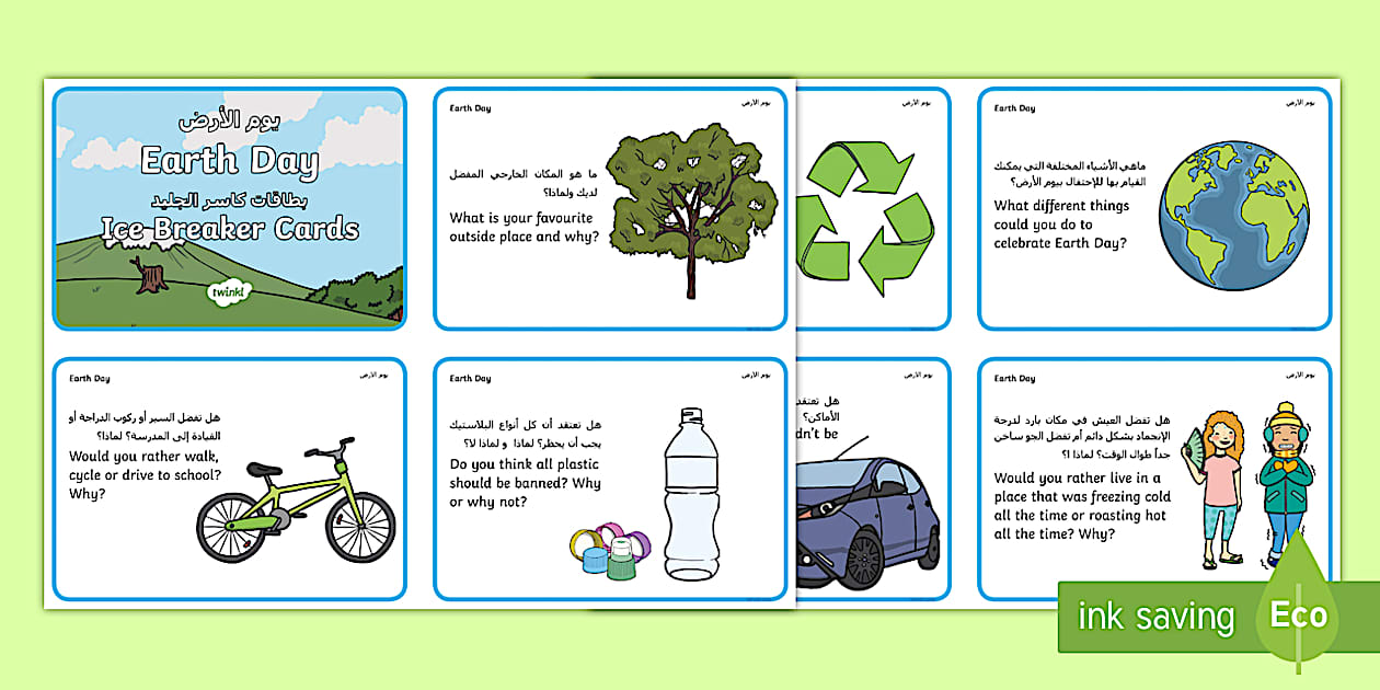KS1 Earth Day: End Plastic Pollution Ice Breaker Cards Arabic/English
