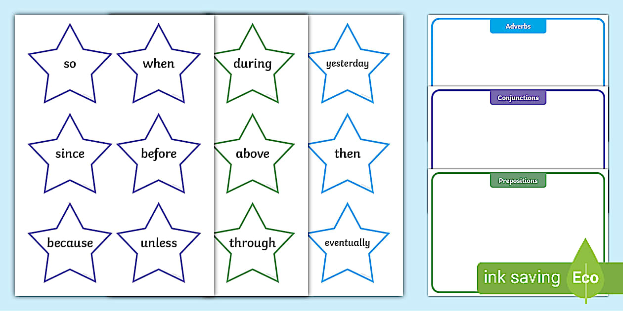 Conjunctions, Adverbs and Prepositions Sorting Activity Cards