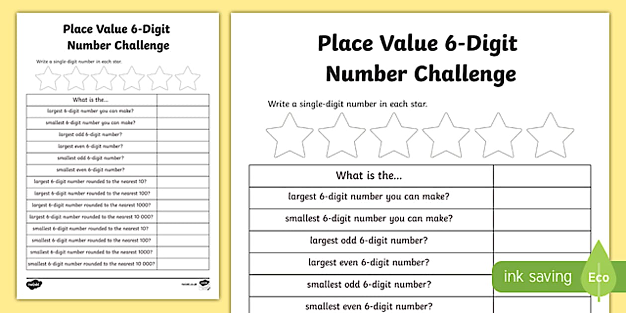 Editable Place Value 6-Digit Number Challenge Worksheet