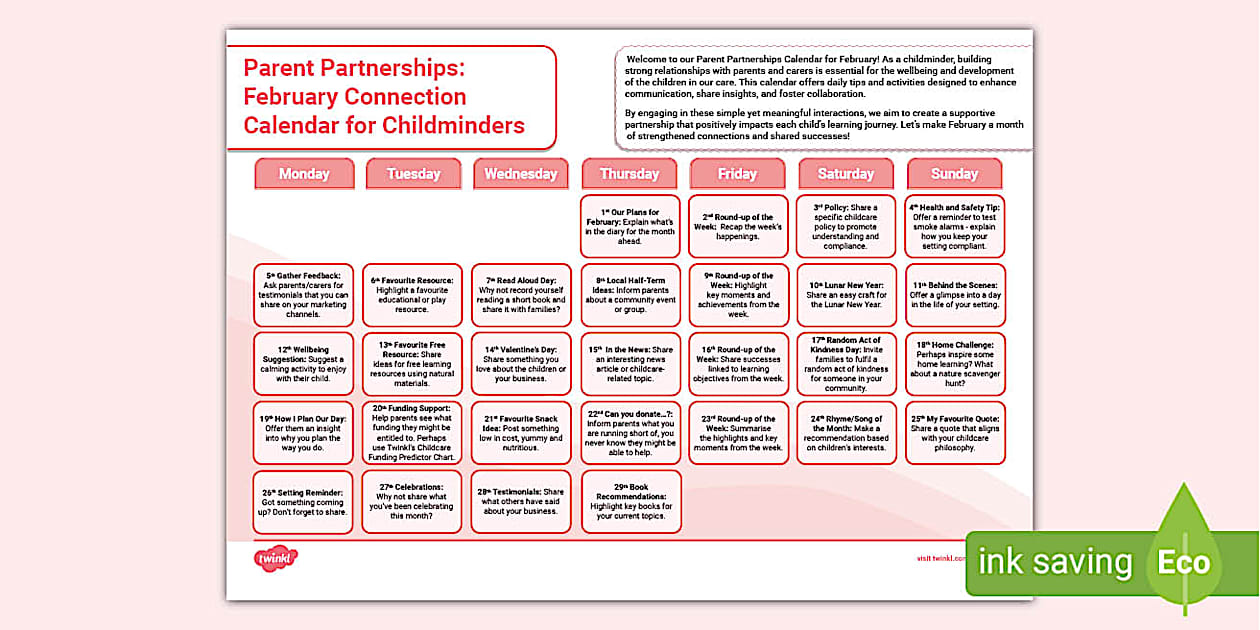February Parent Connection Calendar for Childminders