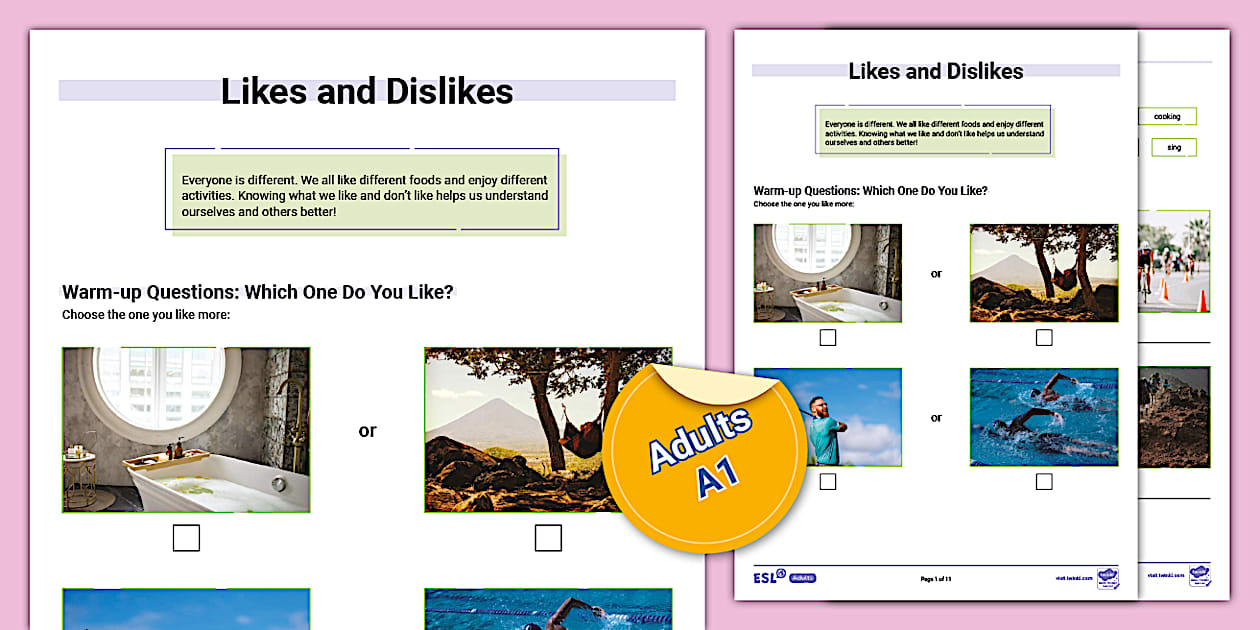 ESL Likes and Dislikes Activity Sheet [Adults, A1] - Twinkl