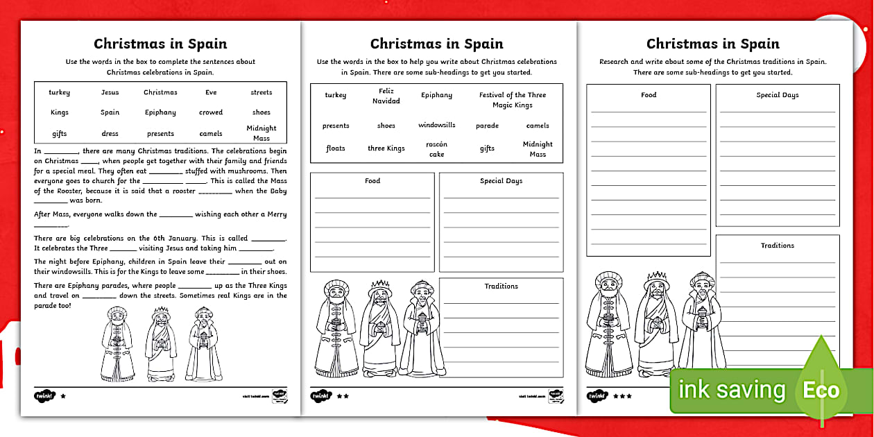 KS1 Christmas in Spain Differentiated Writing Worksheet / Worksheet