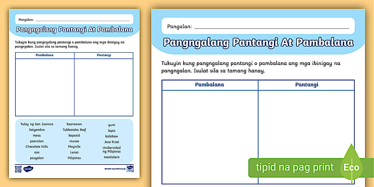 Pangngalang Pantangi At Pambalana Activity Sheet | Grade 1 | Twinkl