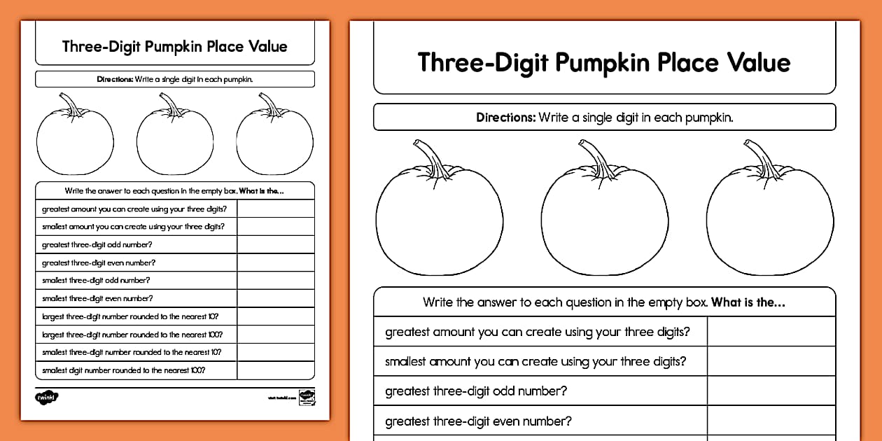 Second Grade Three-Digit Pumpkin Place Value Worksheet