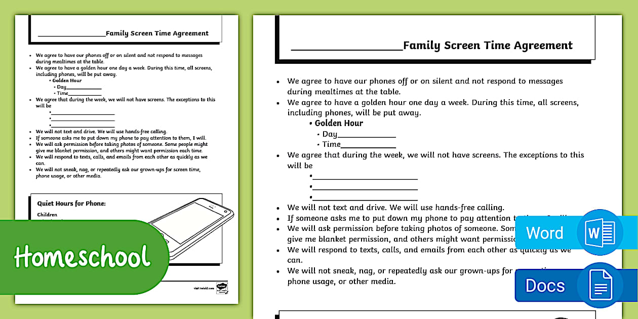 Editable Family Screen Time Agreement Word & Google Docs