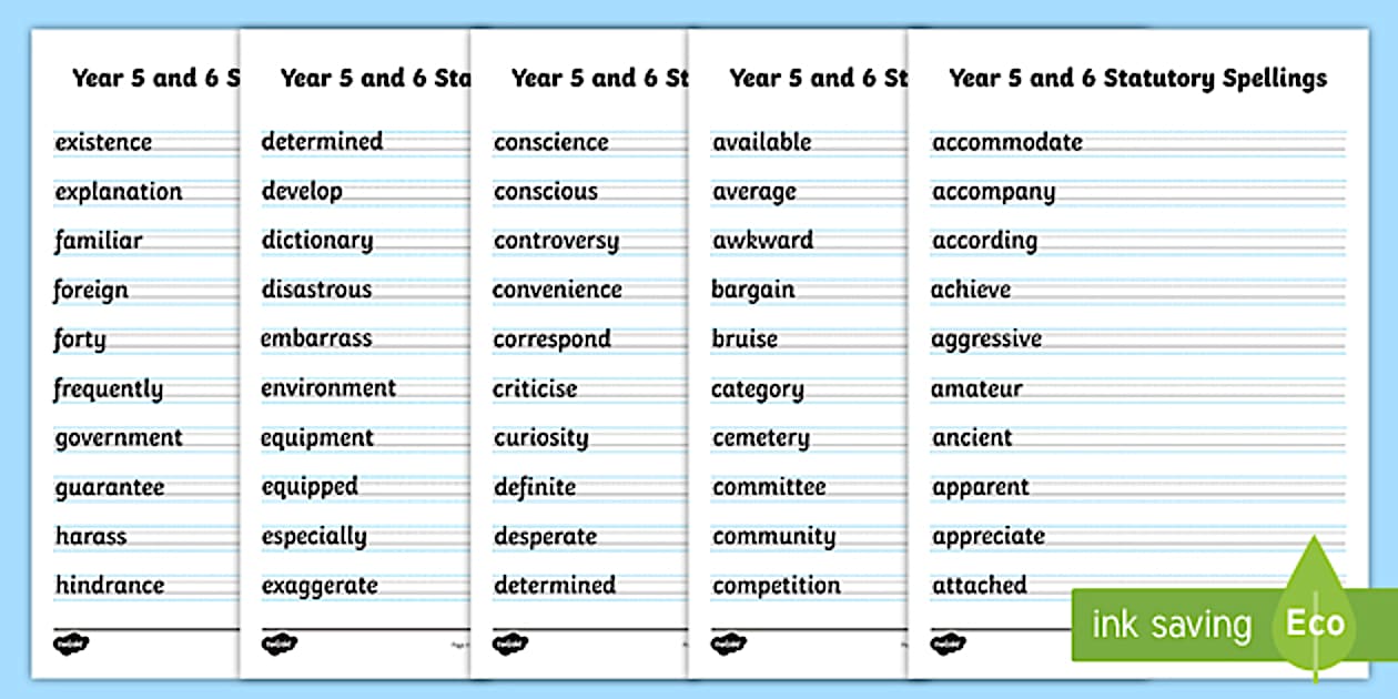 Year 5 and 6 Statutory Spellings Handwriting Practice
