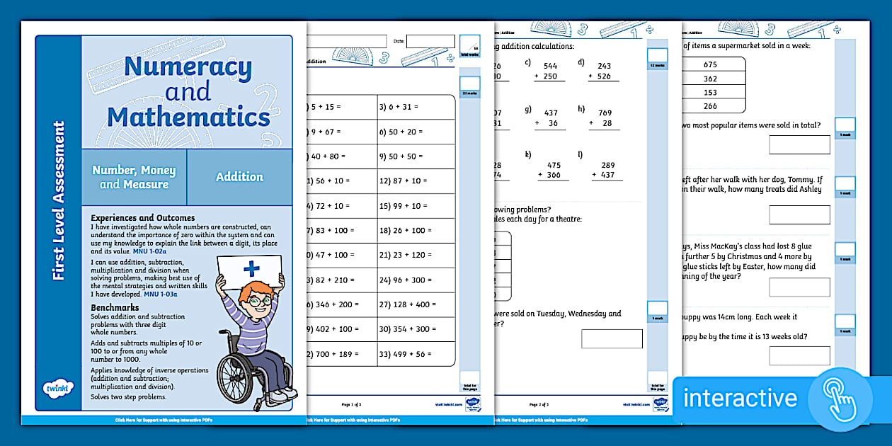Interactive PDF: First Level Numeracy Assessment - Addition