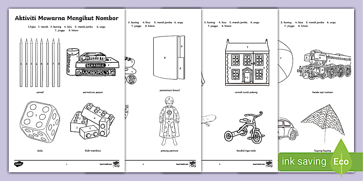 Aktiviti Mewarna Ikut Nombor Tema Permainan (teacher made)