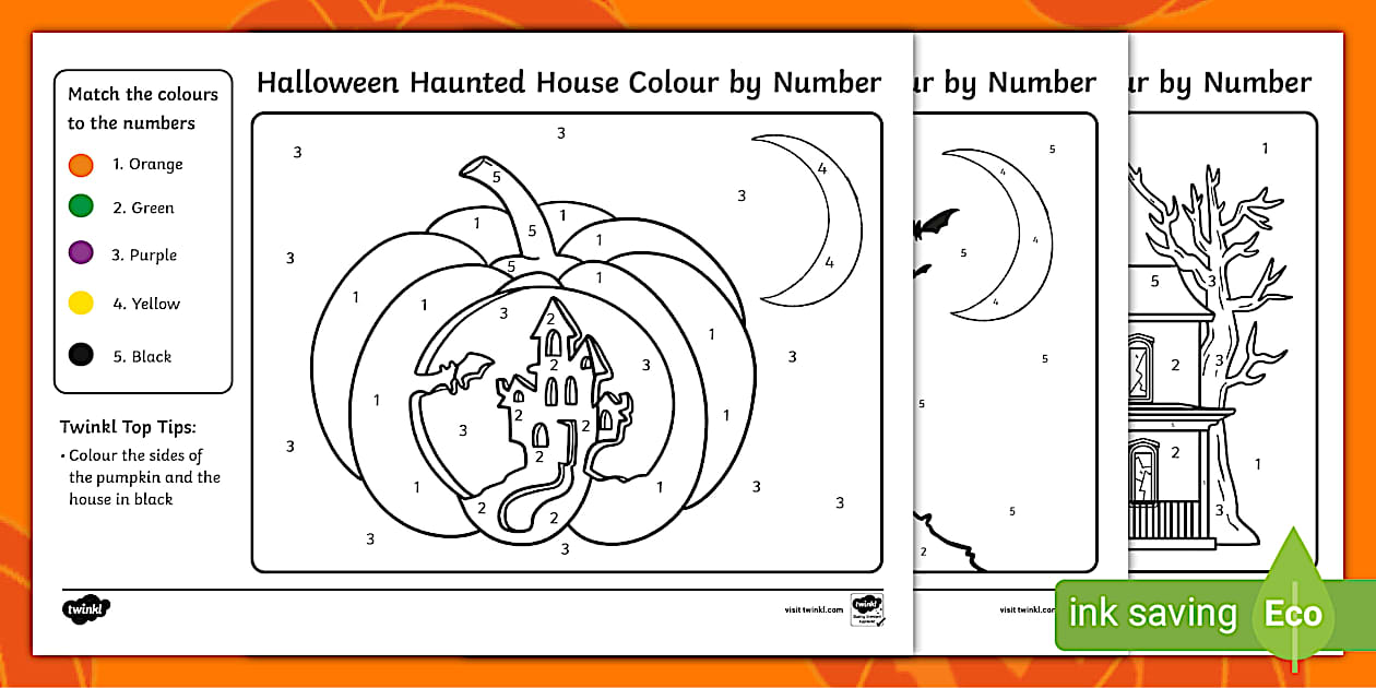 Free Halloween Haunted House Colour by Number Pages for Kids