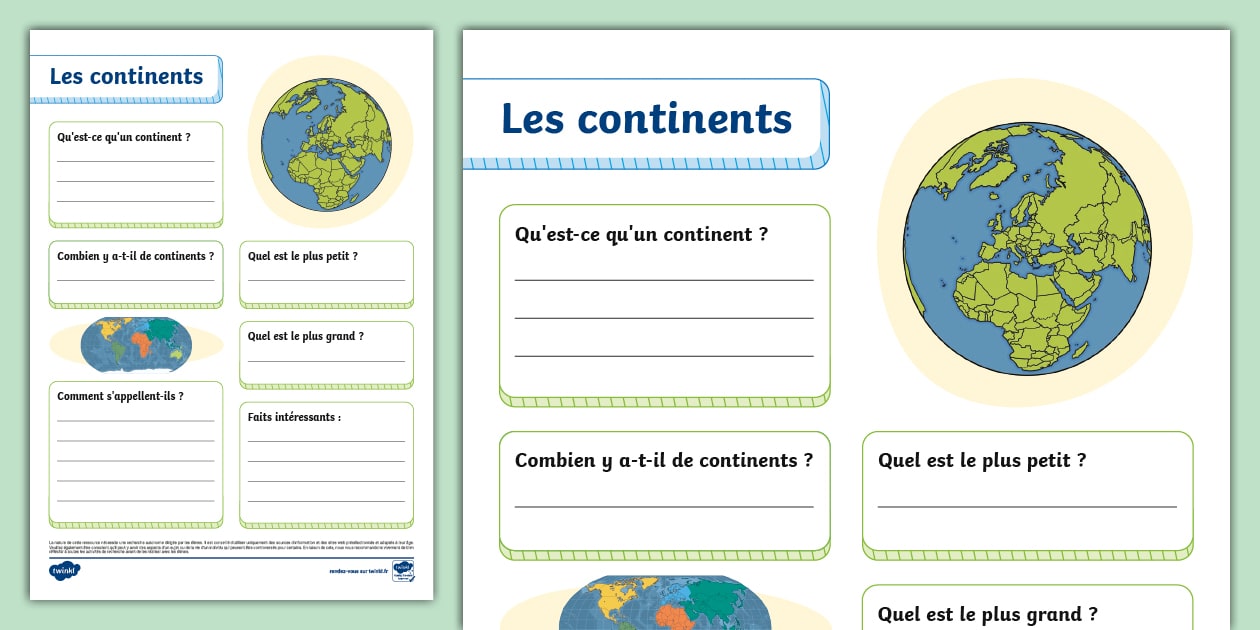 Fiche d'informations : Les Continents (teacher made)