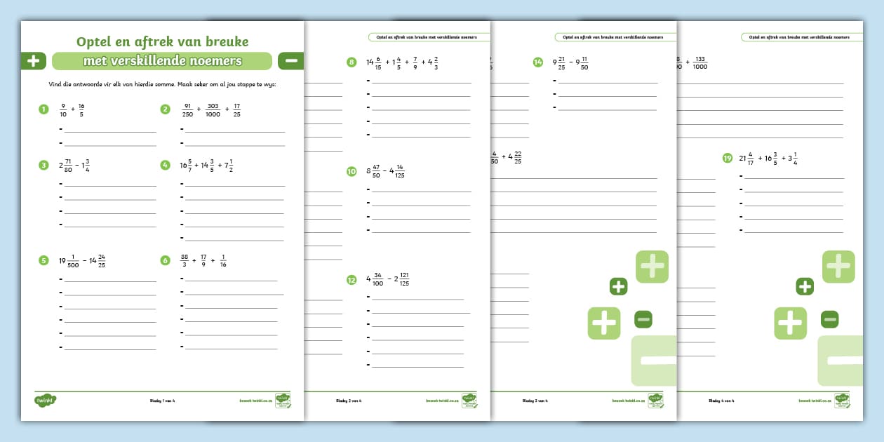 Graad 7 Wiskunde: Optel en aftrek van breuke met verskillende noemers.