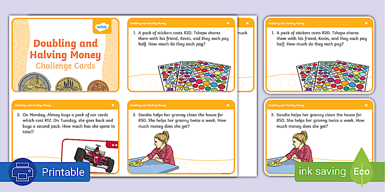 Gr3 Maths Doubling and Halving Money Challenge Cards (CAPS)
