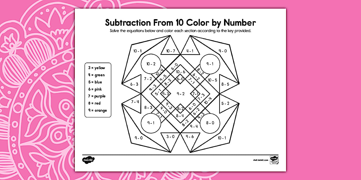 Rangoli Pattern Subtraction From 10 Color by Number Worksheet