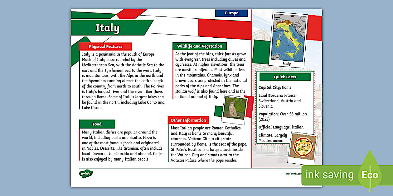 Italy KS2 Fact File - Geography - Europe - Twinkl