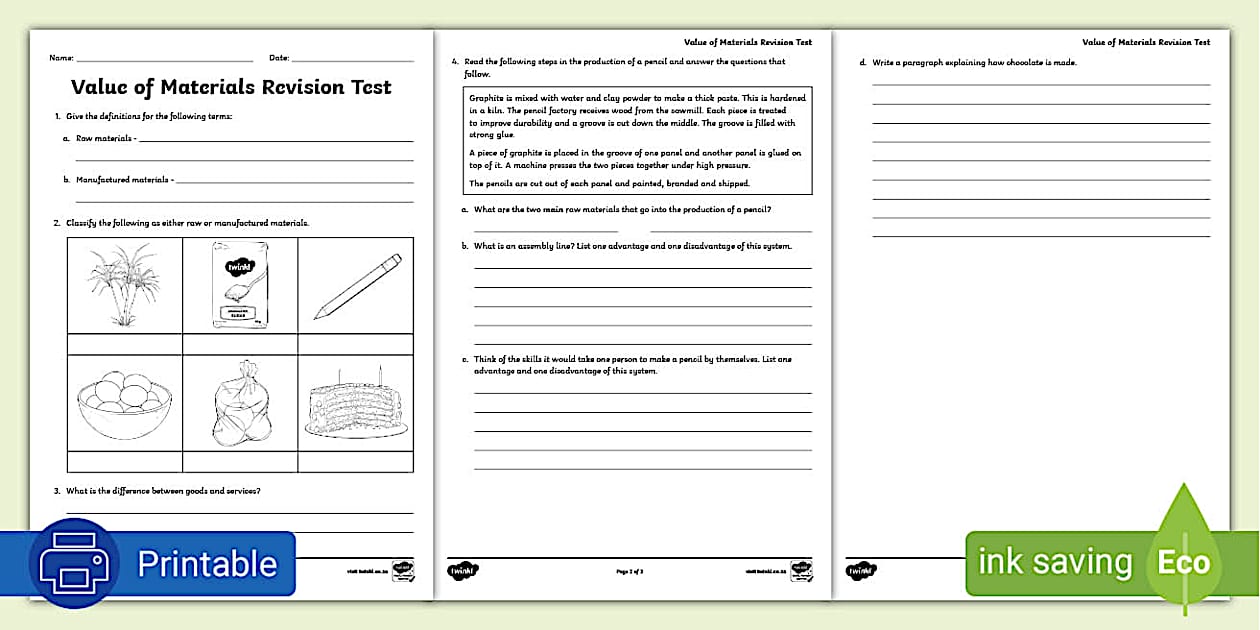 Resources and their Values Revision Test - Twinkl
