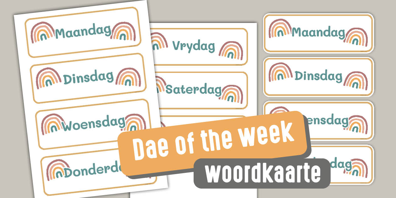Reënboogtema - Dae van die Week Woordkaarte