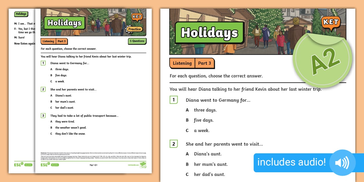 A2 Key (KET) Listening Part 3 - Holidays on Twinkl - Twinkl