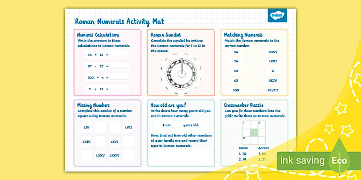 Roman Numerals Activity Mat (Ages 8 - 9) (Teacher-Made)