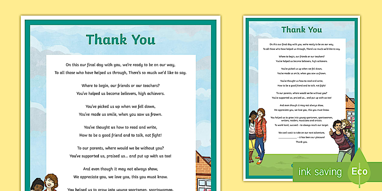 Graduation Poems for 6th Class - Thank You Poem - Twinkl