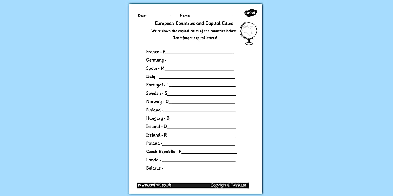 Capitals and Countries Worksheet - ESL Cities Resources