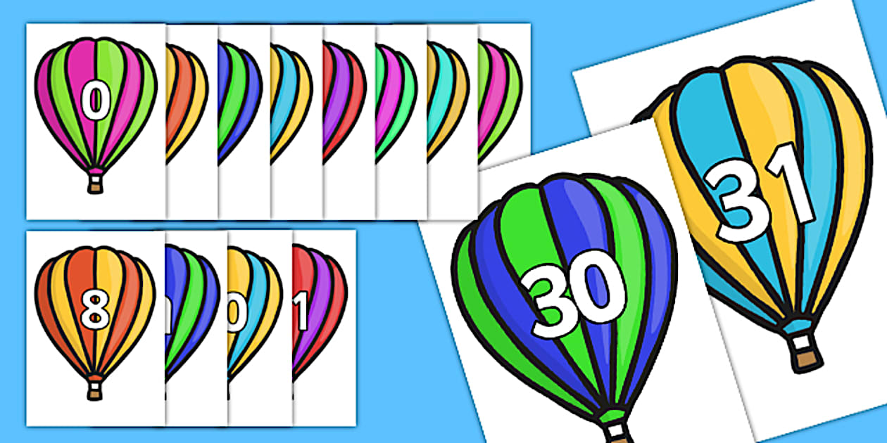 Calendar Numbers 0-31 on Hot Air Balloons (Stripes) - Twinkl