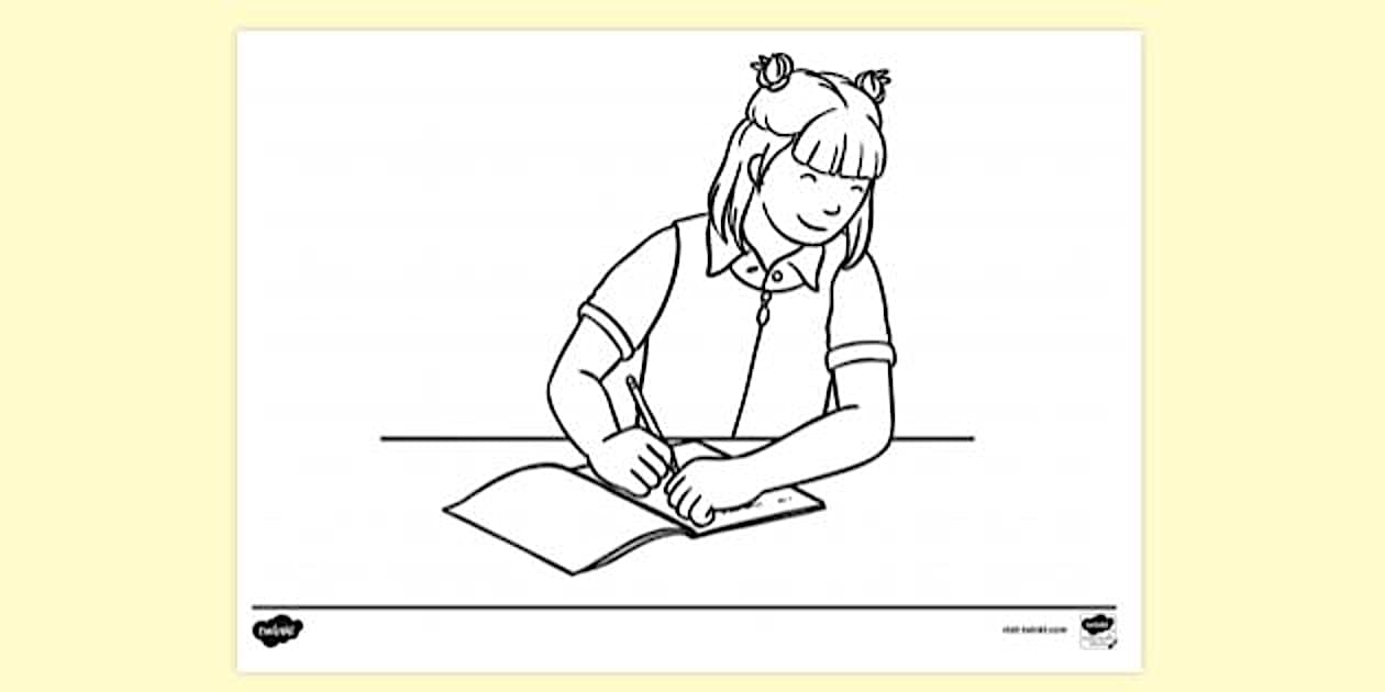 Girl Working at Desk Colouring Sheet | Colouring Sheets